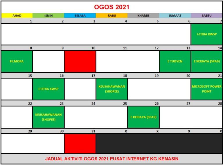 JADUAL AKTIVITI SEPANJANG BULAN OGOS 2021 – NADI Kg Kemasin
