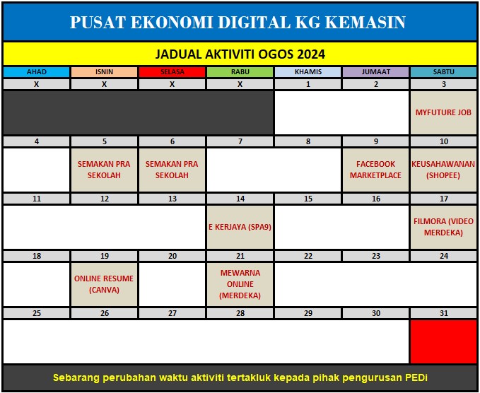 JADUAL AKTIVITI SEPANJANG OGOS 2024 – NADI Kg Kemasin
